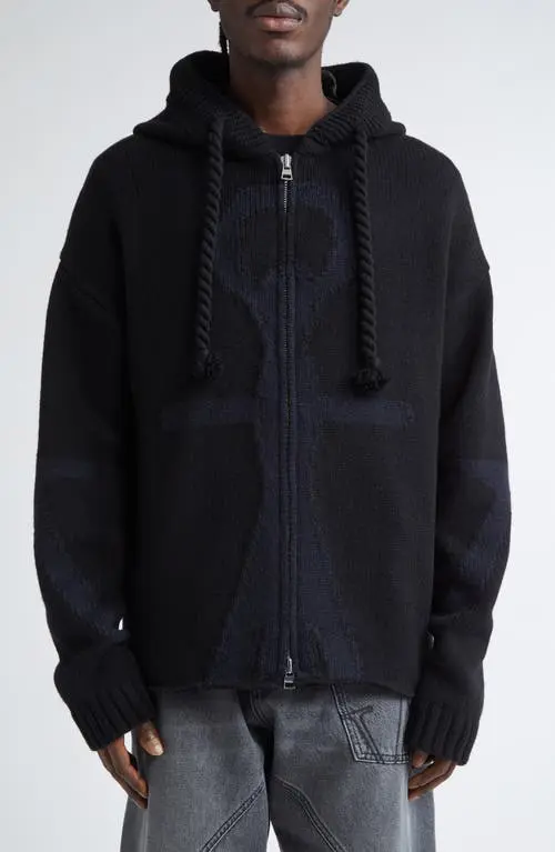 JW Anderson Anchor Intarsia Merino Wool Zip Sweater - Black/ Navy