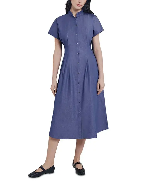 Misook Stand Collar Button Front Midi Dress - Mazarine