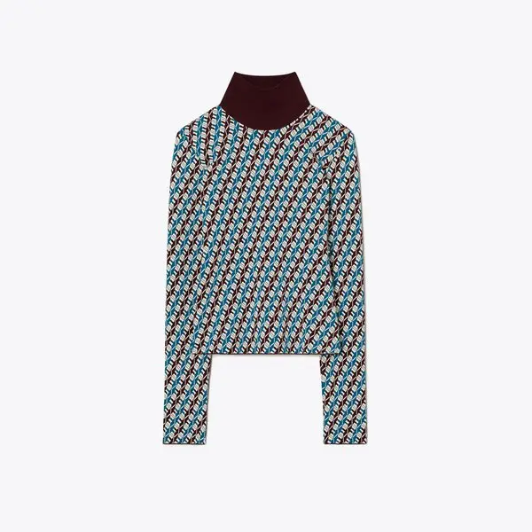 Tory Burch Jacquard Turtleneck - Aqua Blue Linked Geo 3 Color