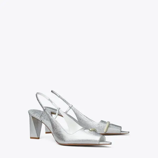 Tory Burch Pierced Peep-toe Slingback - Bright Silver/silver