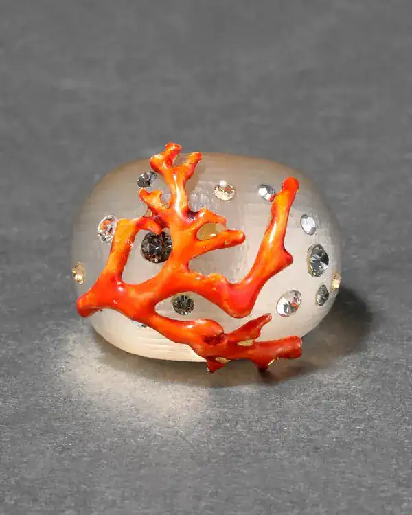 Alexis Bittar Archive Crystal Dusted Lucite Enamel Coral Ring
