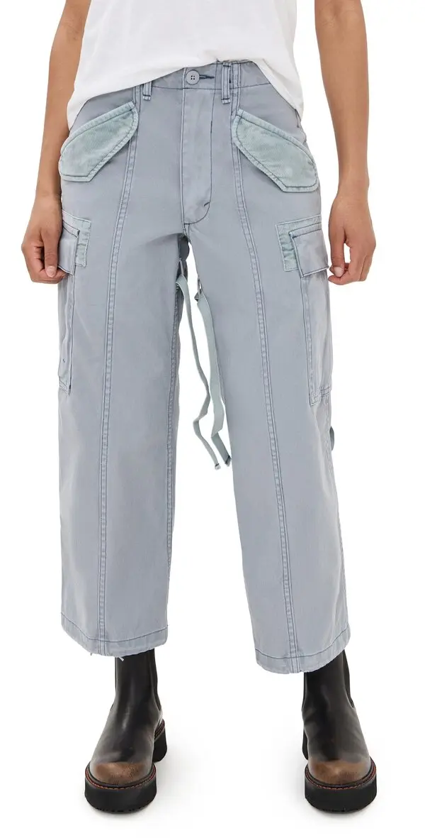 R13 Cropped Cargo Trousers - Faded Steel Blue Canvas
