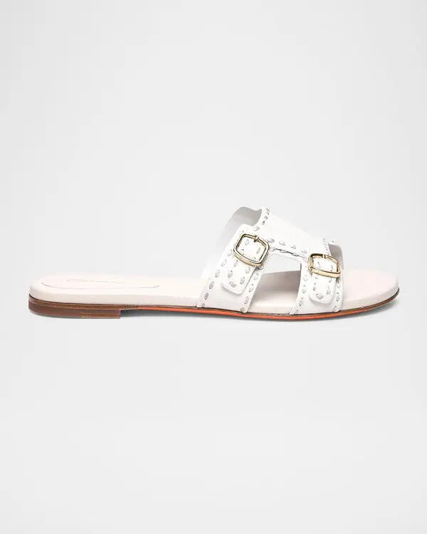Santoni Didi Double-monk Flat Slides - White