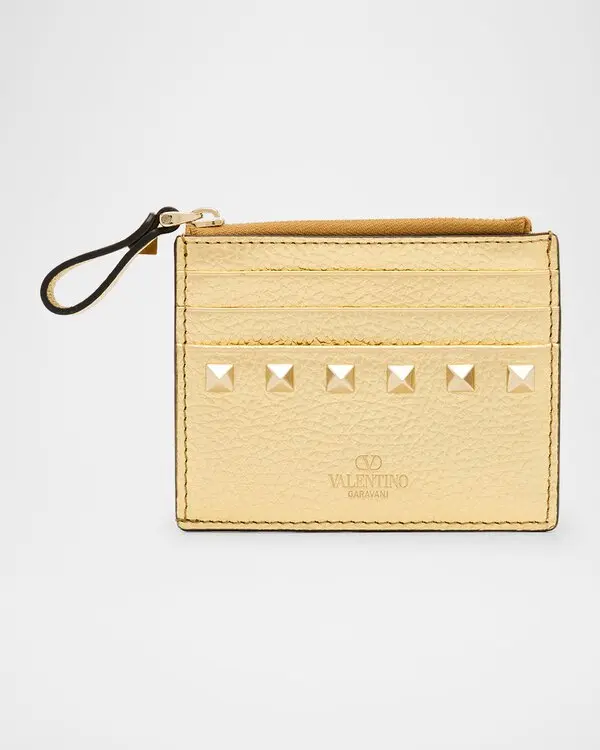 Valentino Garavani Rockstud Metallic Leather Card Case - Old Gold