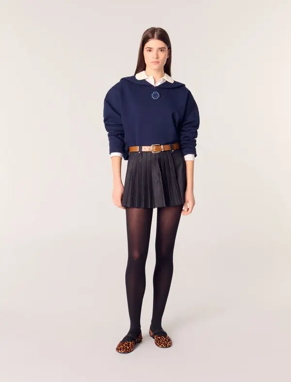Maje Cotton Short Fleece Sweatshirt With Floral Embroidery - Navy