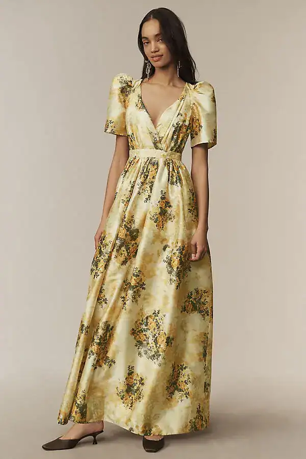 chinese dress ladies Millà Women's Elegant Floral Puff Sleeve Maxi Dres - White