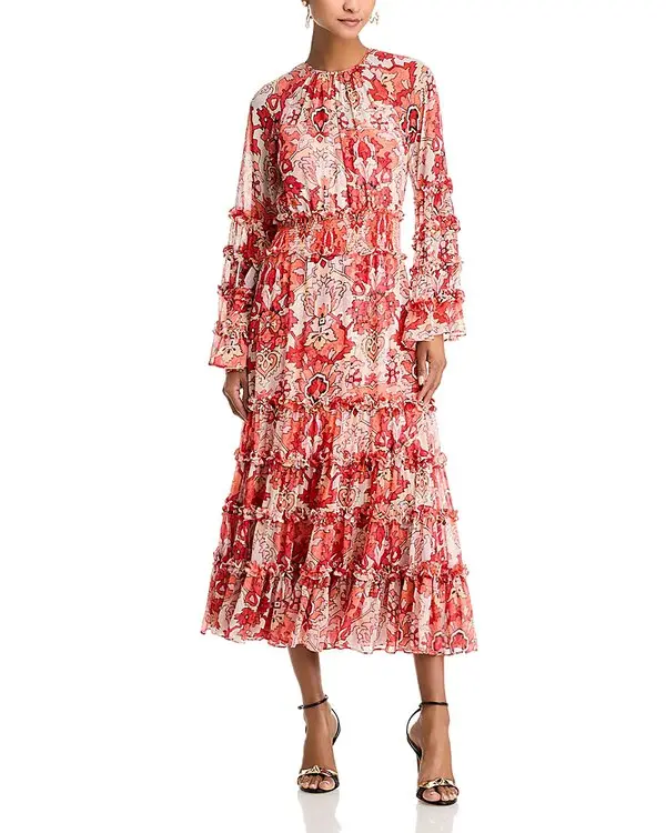 Cinq À Sept Damask Sunnina Ruffled Tiered Midi Dress - Pink Poppy
