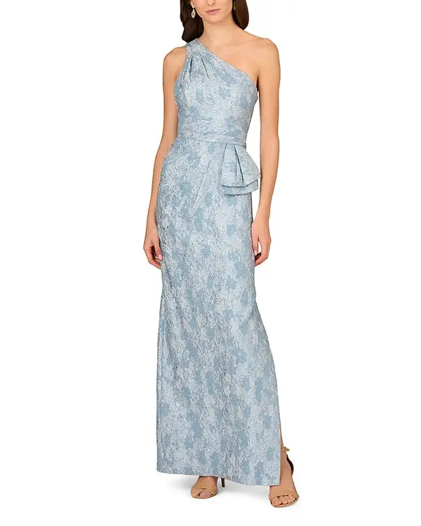 Aidan Mattox Stretch Jacquard One Shoulder Gown - Tropez Blue