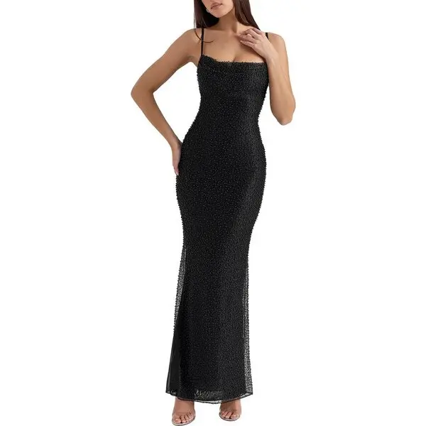House Of Cb Calla Beaded Mesh Overlay Gown - Black