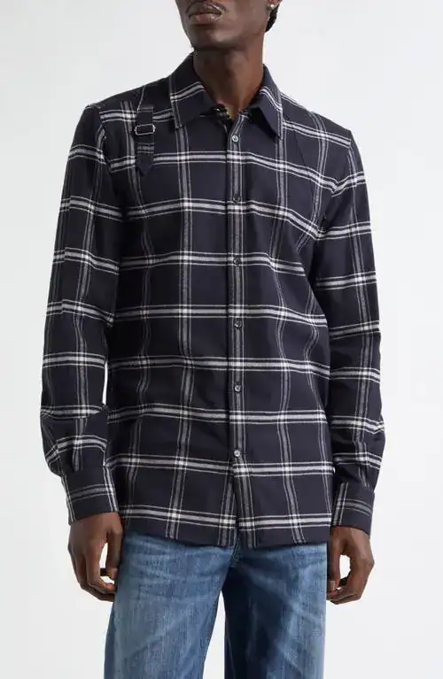 Alexander Mcqueen Harness Plaid Cotton Flannel Button-Up Shirt In