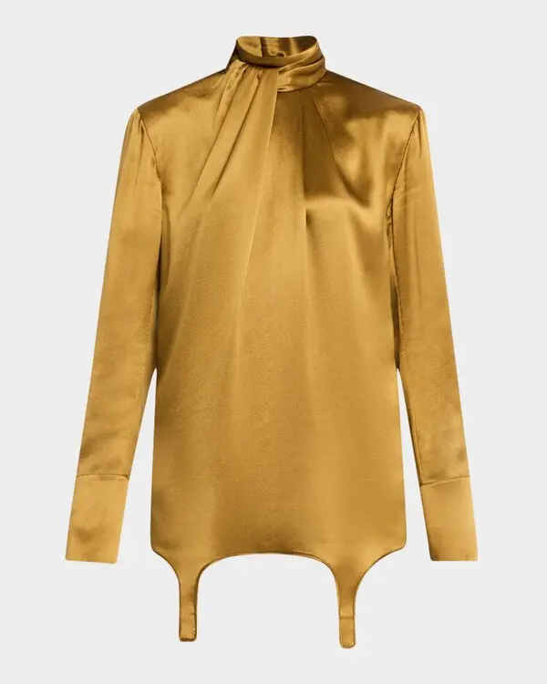 Saint Laurent Twisted Turtleneck Silk Blouse