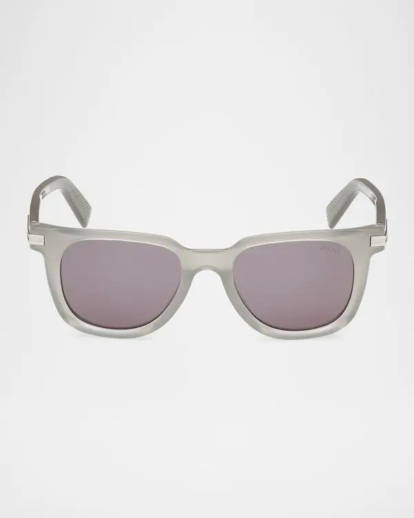 Zegna Square Sunglasses - Shiny Milky Grey Matte Palladium Light Grey Lenses