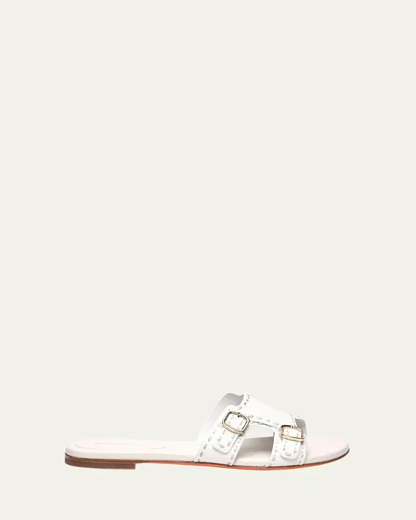 Santoni Didi Double-monk Leather Flat Slides - White