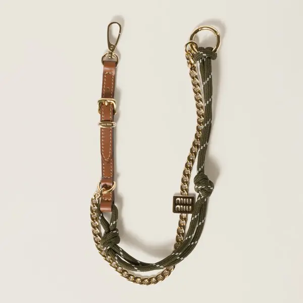 Miu Miu Leather, Cord And Metal Trick Keyring - Cognac/forest Green