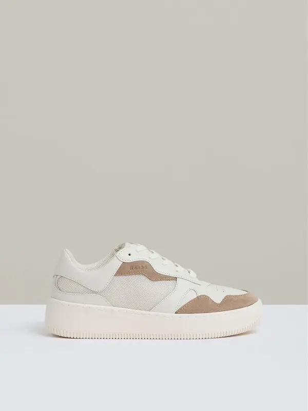REISS Ruth Leather And Mesh Platform Trainers - Taupe