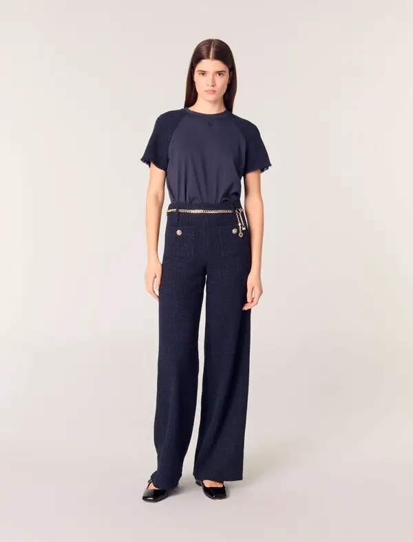 Maje Cotton Tweed Trousers With Chain Belt - Navy