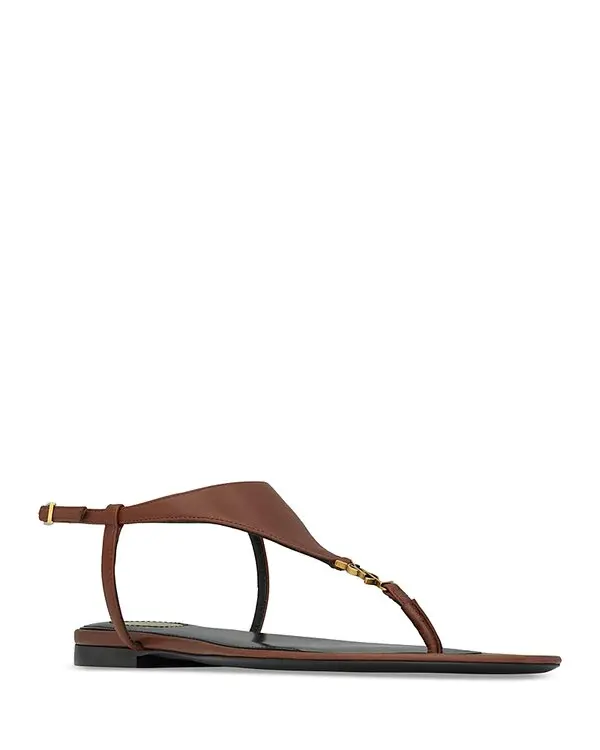 Saint Laurent Cassandra Slingback Thong Sandals - Brown Lambskin