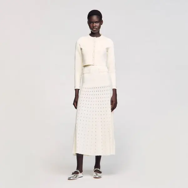 Sandro Cropped Pointelle Knit Cardigan With Pearl Details - Ecru