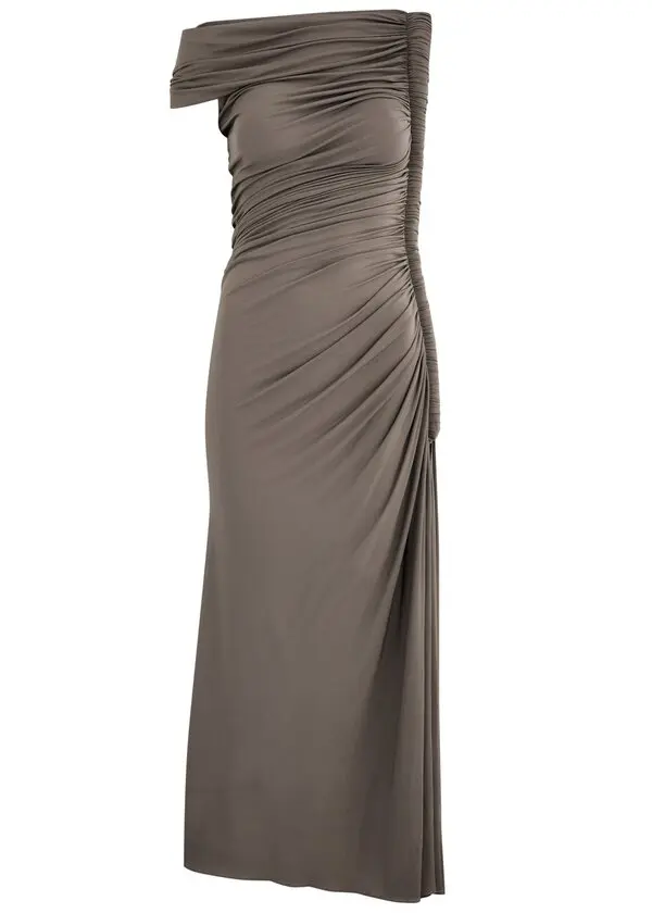 Alaïa Draped Off-the-shoulder Jersey Midi Dress - Taupe
