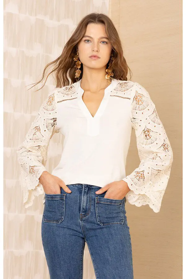 Hale Bob Cecelia Crochet Trim Top - Neutral
