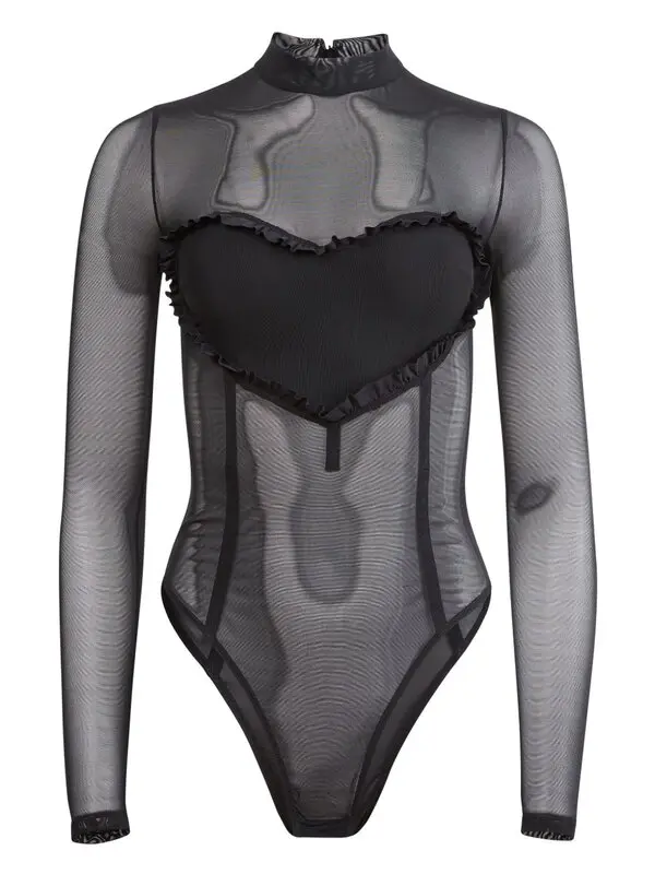 Fleur Du Mal Mesh Ruffle Heart Bodysuit