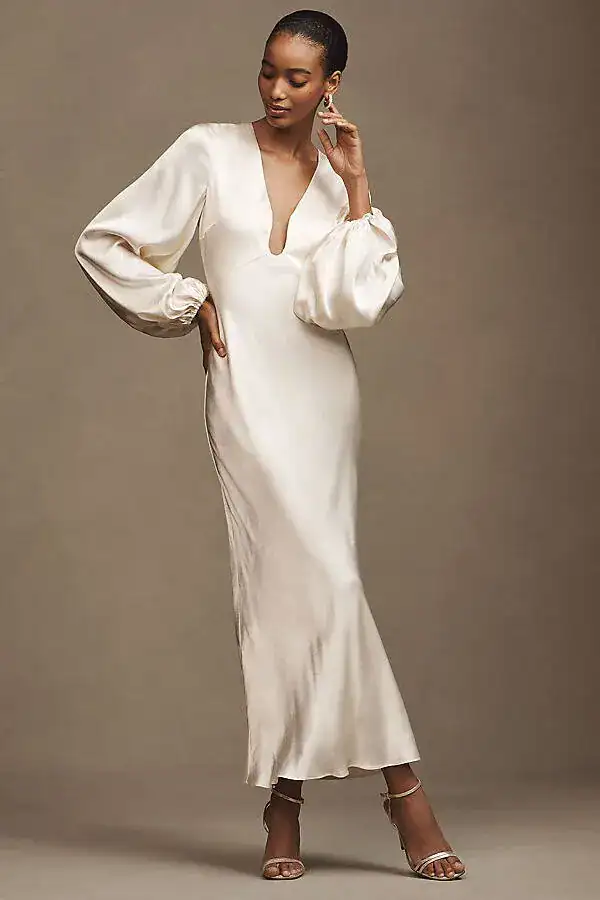 knee length dresses for ladies Luanna | Ecru Satin Long-Sleeve Midi Dress with Draped Skirt and Embellished Cuffs