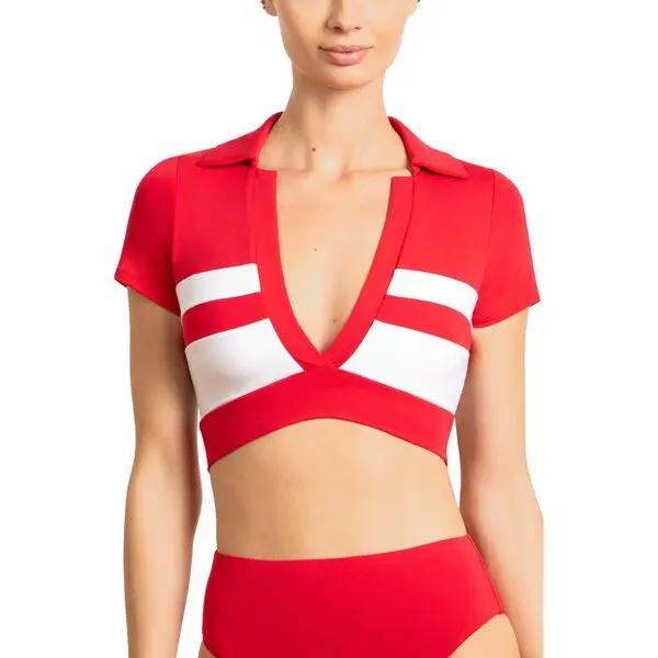 Robin Piccone Babe Stripe Short Sleeve Bikini Top - Peony/ White