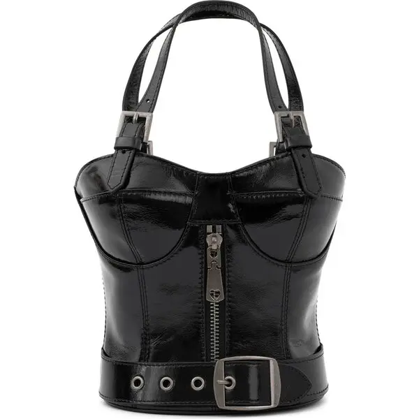 Jeffrey Campbell Bodice Leather Handbag - Black Crinkle Patent
