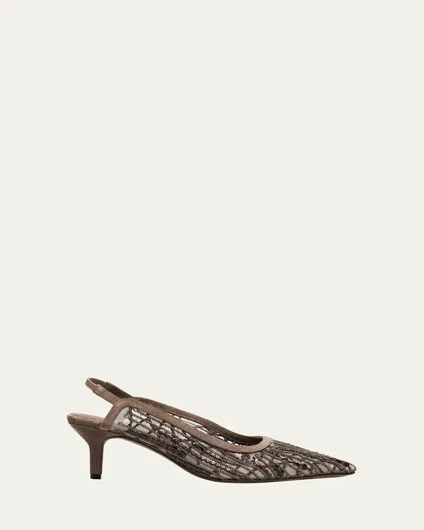 Brunello Cucinelli Monili Suede Kitten-heel Slingback Pumps - Brown