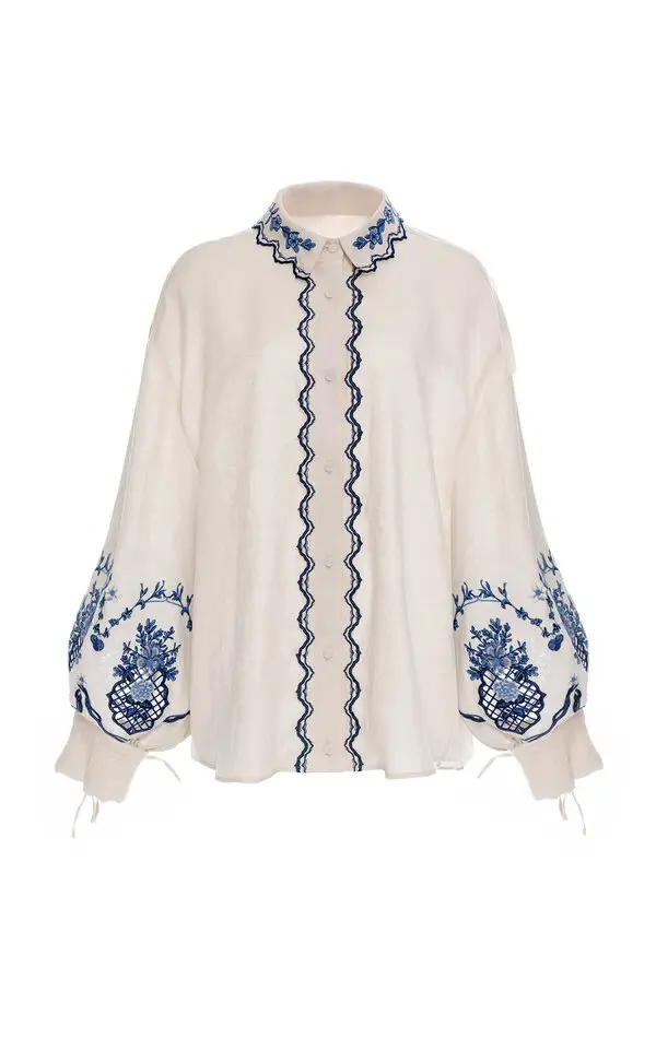 Agua Bendita Abadía Embroidered Linen Blouse - Multi
