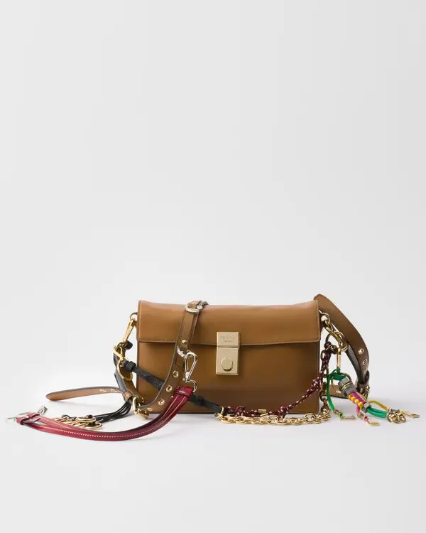 Prada Soft Sound Small Leather Shoulder Bag With Charms - Caramel