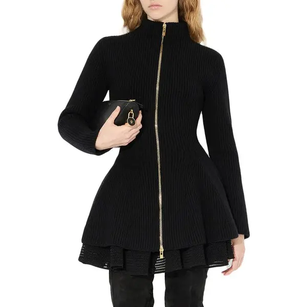 Alaïa Rib Wool & Cashmere Peplum Cardigan - Noir Alaia
