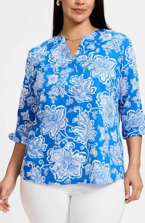 Foxcroft Vena Print Top - Cobalt Blue/ White