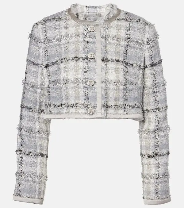 Dolce & Gabbana Checked Cropped Lamé Tweed Jacket - Grey
