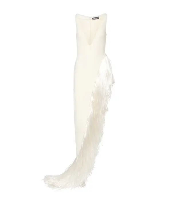 David Koma Fringed Asymmetric Gown - White