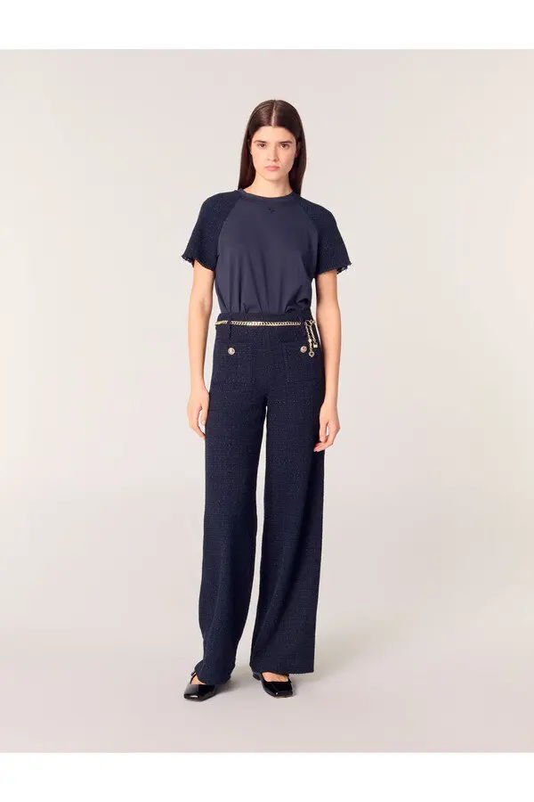 Maje Tweed Wide-leg Trousers With Chain Belt - Black