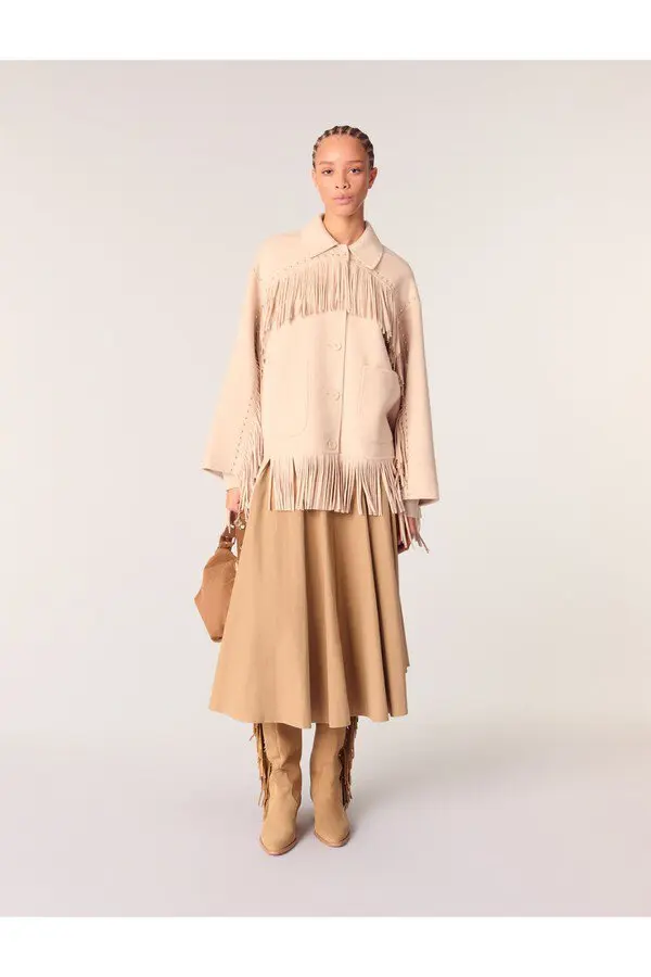 Maje Double-breasted Fringed Coat - Brown / Neutral