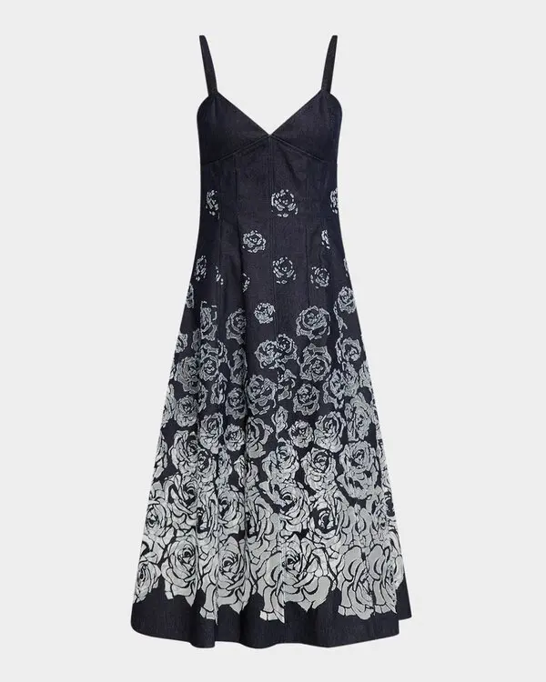 Oscar De La Renta V-neck Rose Denim Devore Sleeveless Midi Dress