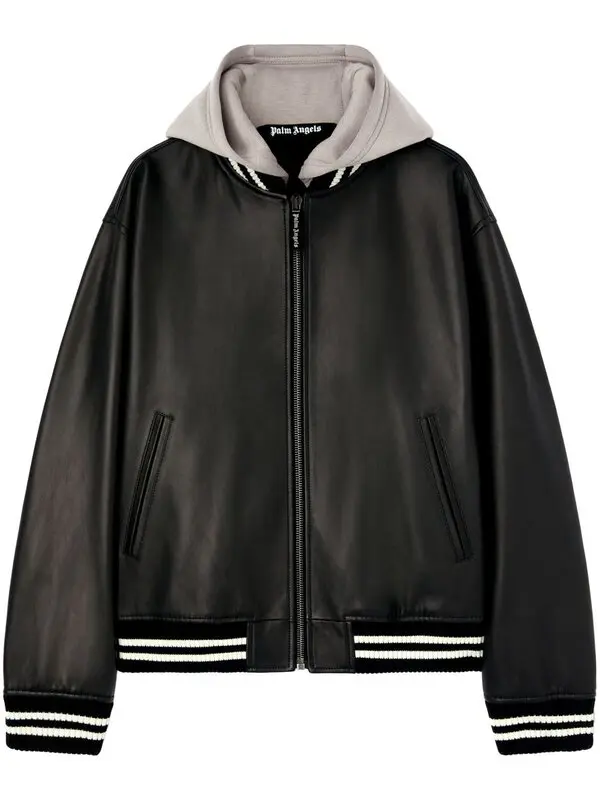 Palm Angels Curved Logo Leather Bomber - Black - Off White