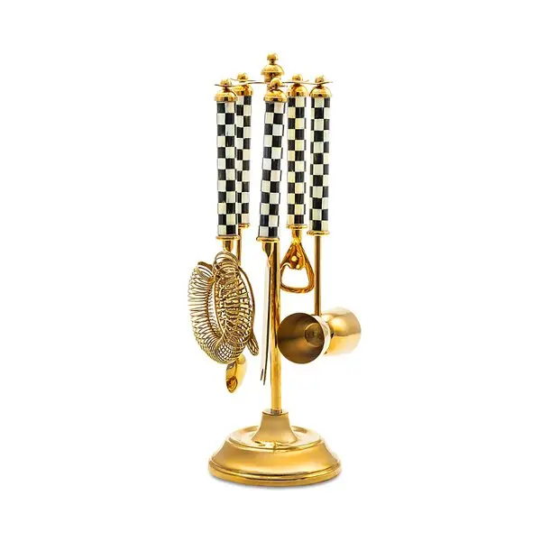 MACKENZIE-CHILDS Courtly Check Gold 3260 5-piece Bar Tool Set With Stand