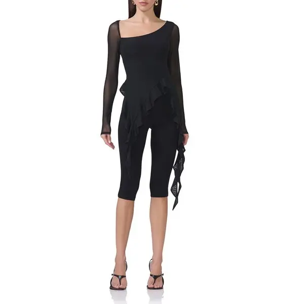 AFRM Doris Ruffle Asymmetric Mesh Top - Noir