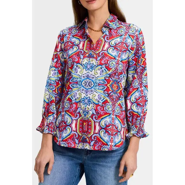 Foxcroft Olivia Smocked Cuff Cotton Shirt - Red/ Multi