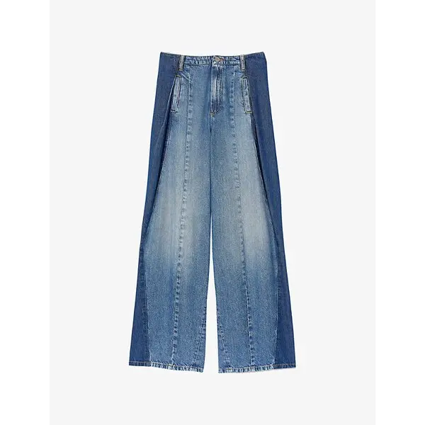 Sandro Contrast-panel Wide-leg Denim Jeans - Bleus
