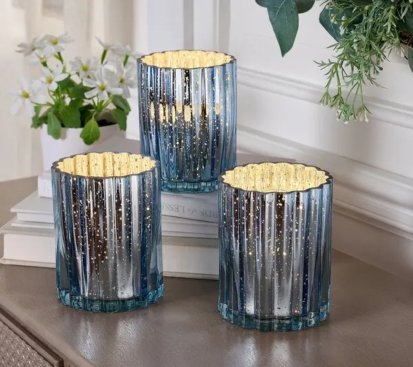 VALERIE PARR HILL Set Of 3 Lit Fluted Mini Glass Hurricanes Valerie