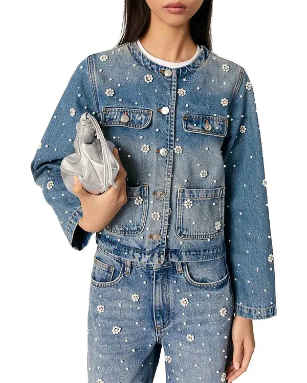 Maje Embellished Denim Jacket - Blue