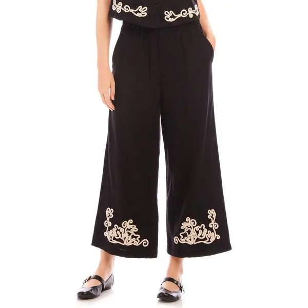Fifteen Twenty Mason Rope Stitch Linen Blend Ankle Pants - Black/ Cream