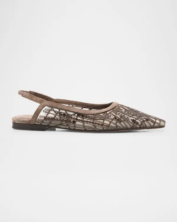 Brunello Cucinelli Woven Monili Slingback Flats - Brown