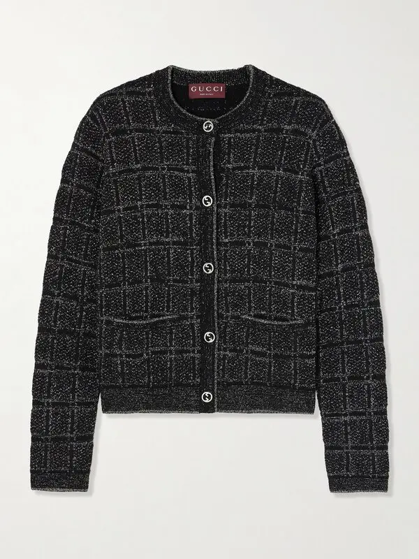 Gucci Checked Metallic Jacquard-knit Wool-blend Cardigan - Black