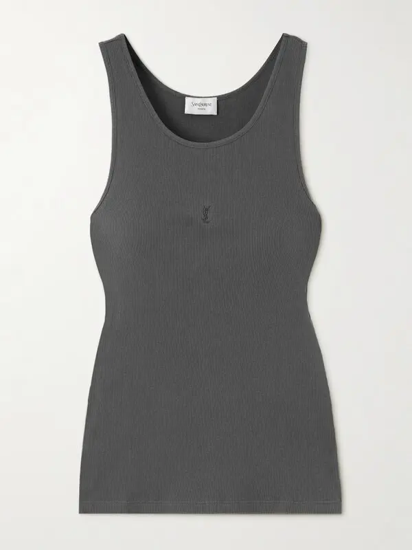 Saint Laurent Cassandre Embroidered Ribbed Tank - Gray