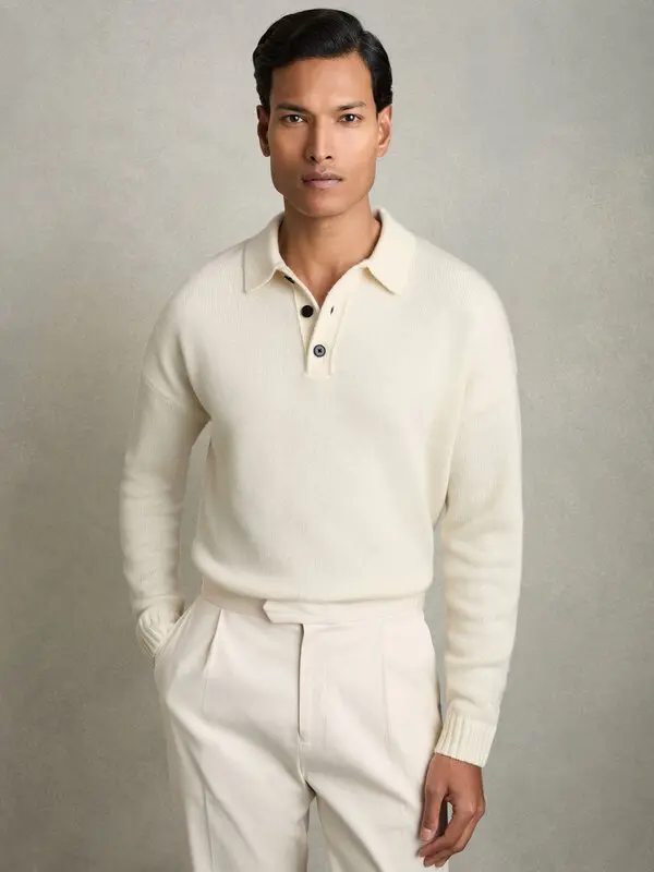 REISS Jacob Wool Blend Long Sleeve Polo Shirt - Off White
